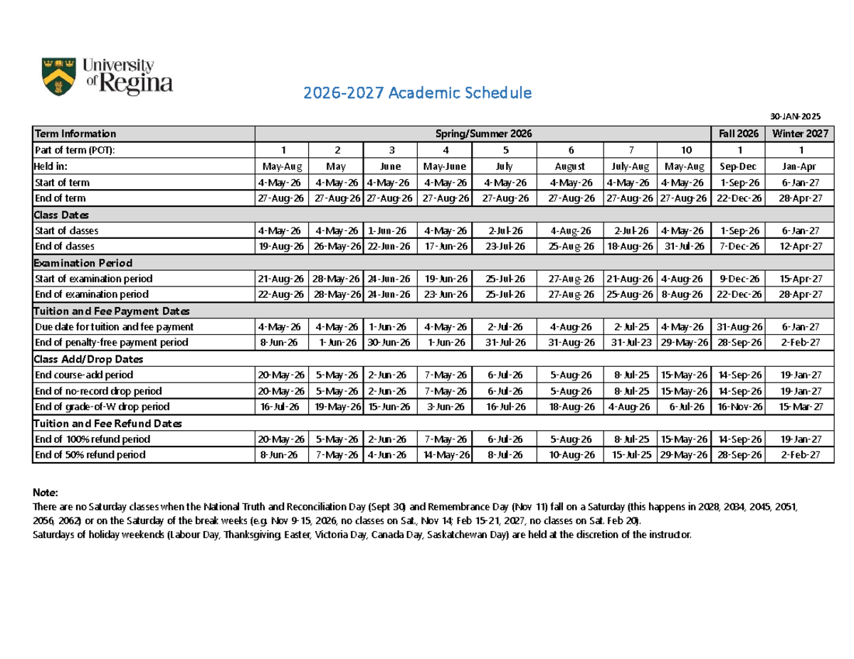 2026-27 U of R Academic Calendar: Key Dates & Information - Studocu