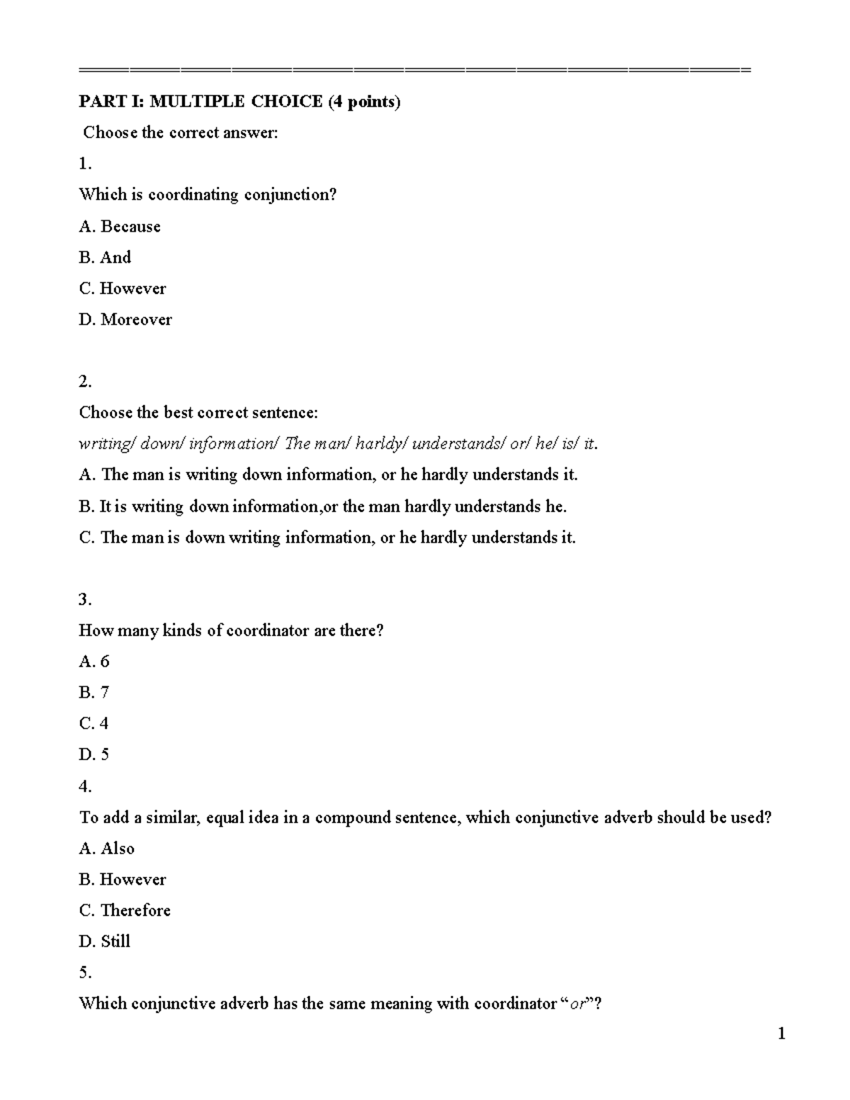 Final Exam - ENGL 167: Test 2 on Conjunctions and Sentence Structure ...
