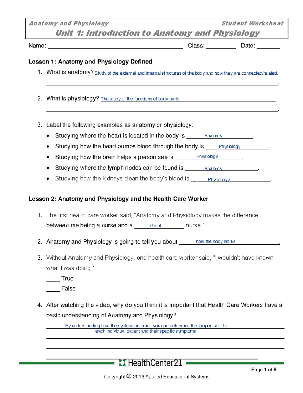 Anatomy and Physiology Student Worksheet Unit 1: Intro to A&P - Studocu