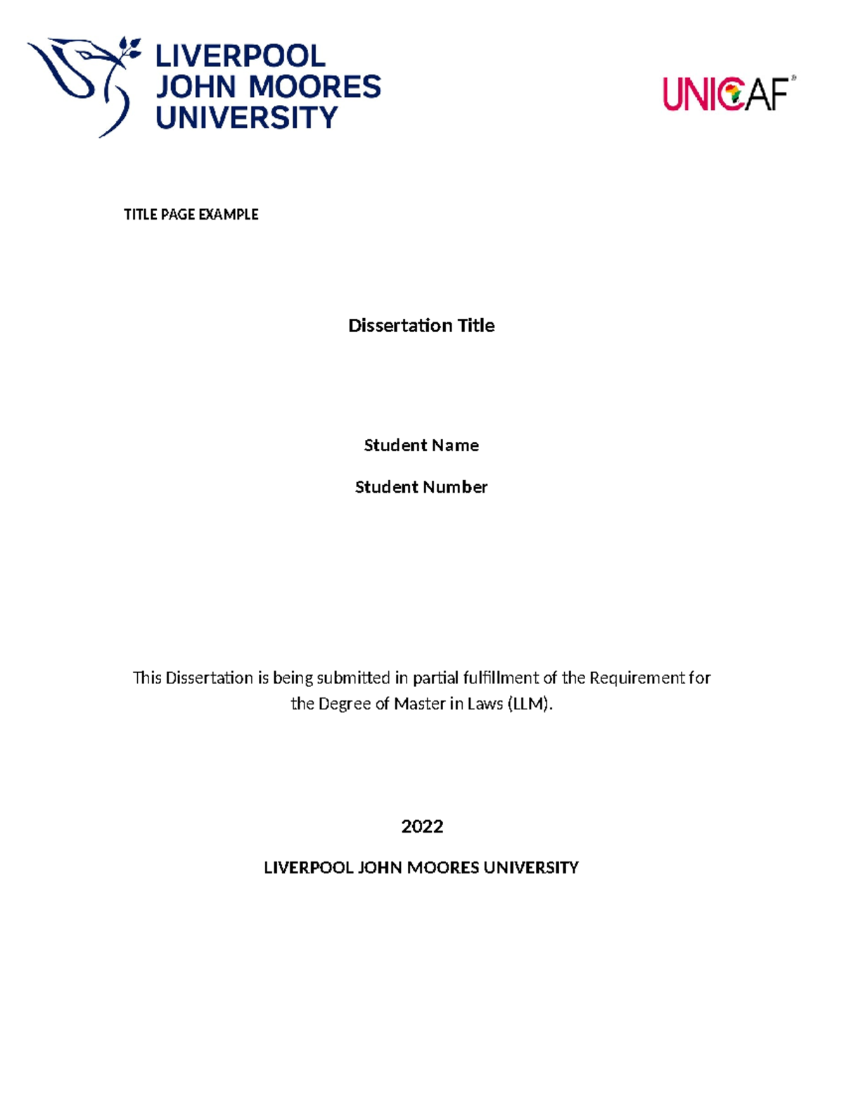 Example of Title Page for Dissertation - 7202LAWGD - LC4T103 ...