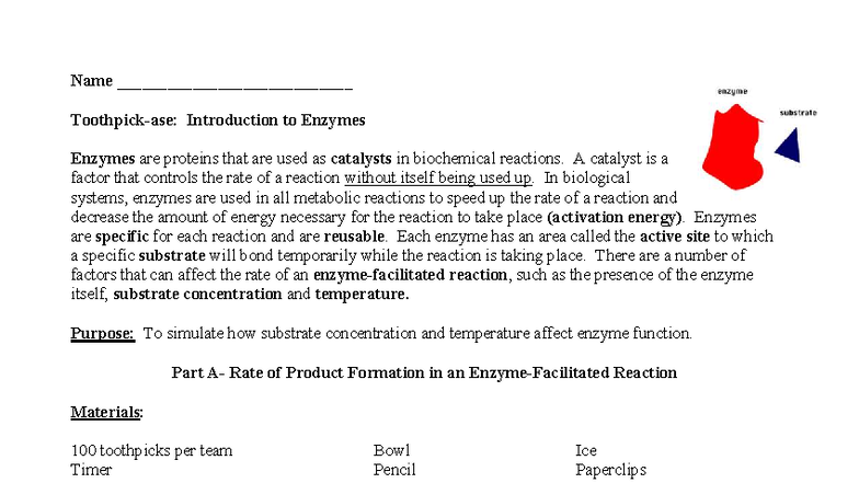 Activity 6: Toothpickase Lab on Enzyme Function and Reaction Rates ...