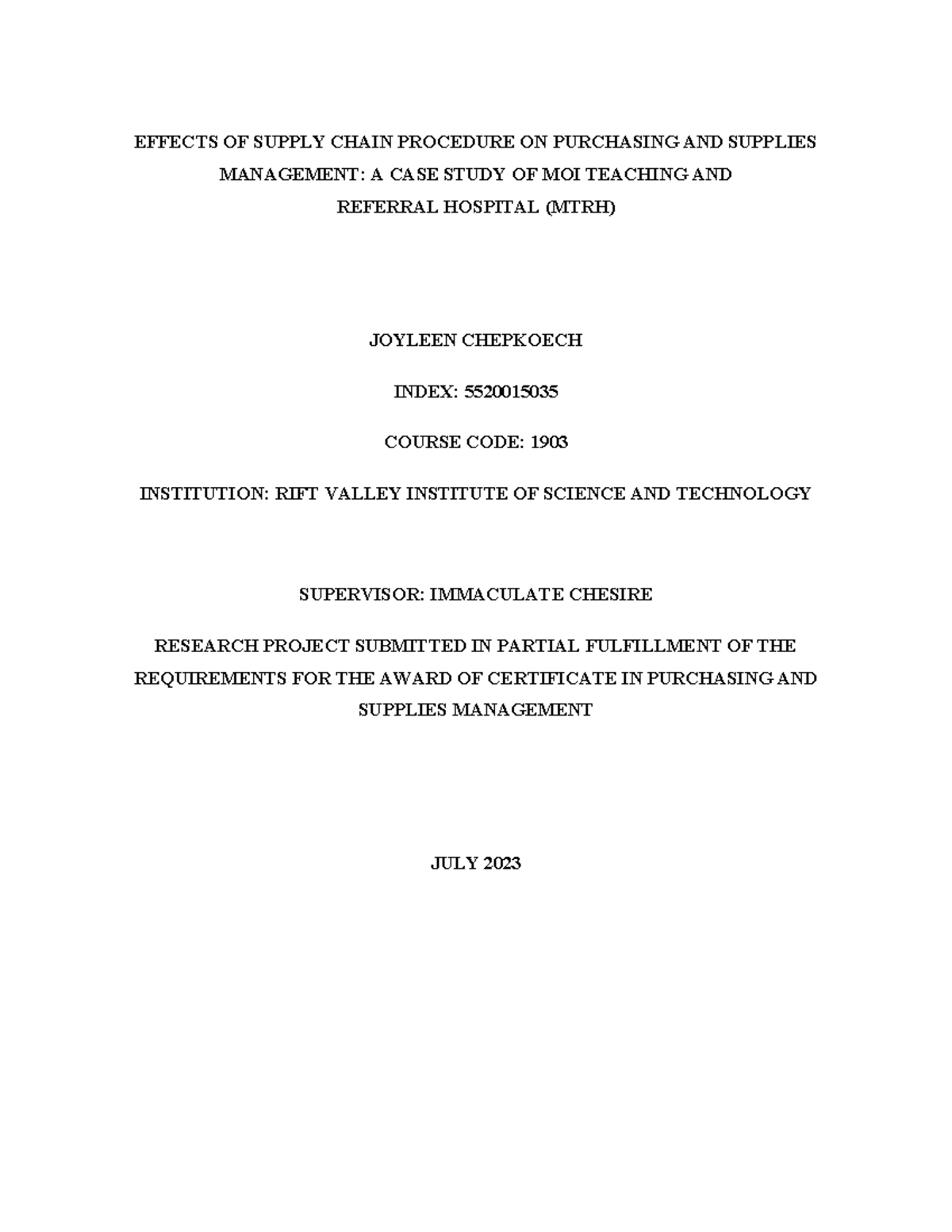 Effects of Supply Chain Procedures on Purchasing Management: MTRH Case ...