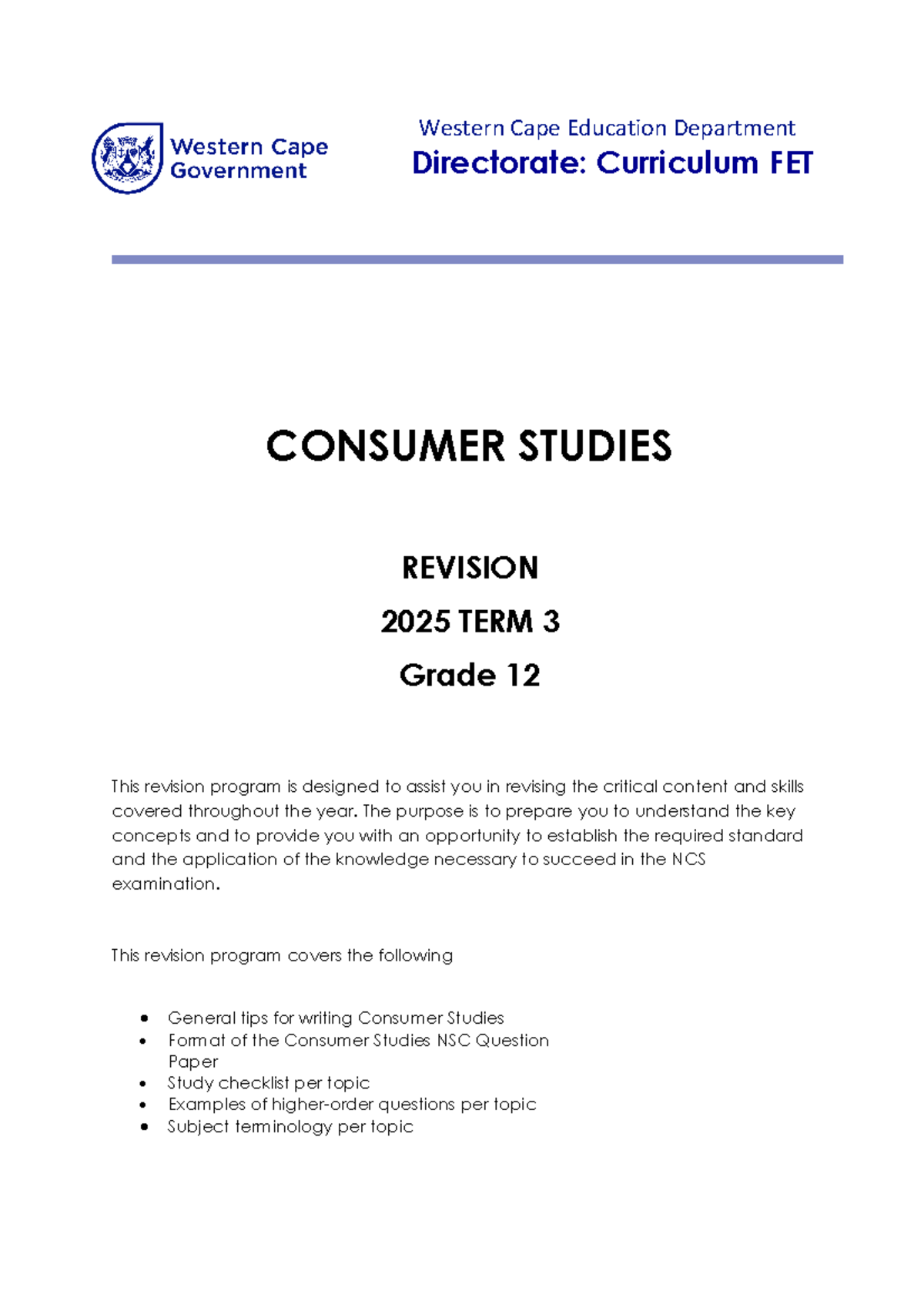 Grade 12 Consumer Studies Revision Guide: Term 3 & 4 2025 - Studocu