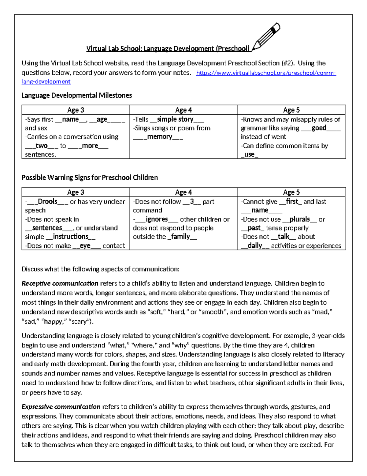 Virtual Lab School: Language Development Milestones for Preschool 11 - Studocu