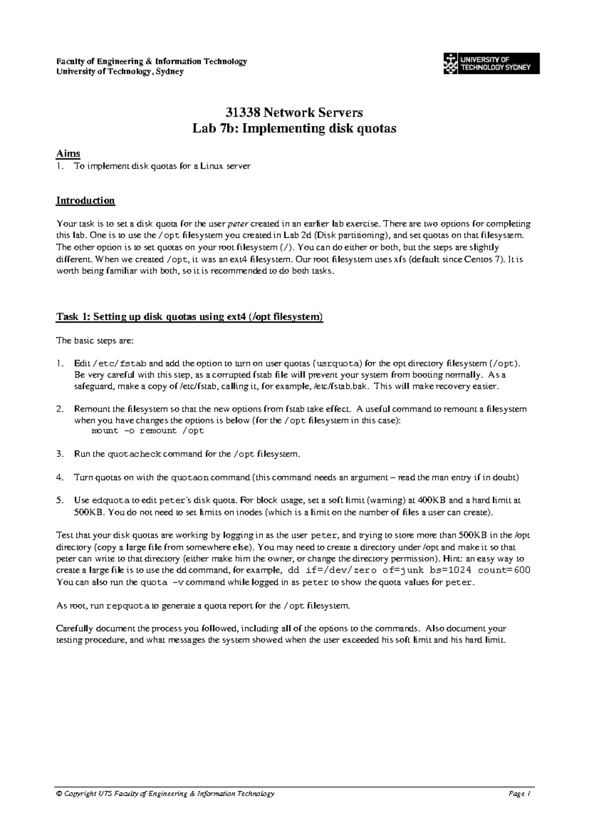 Lab 7b: Implementing Disk Quotas for Linux Server (31338) - Studocu