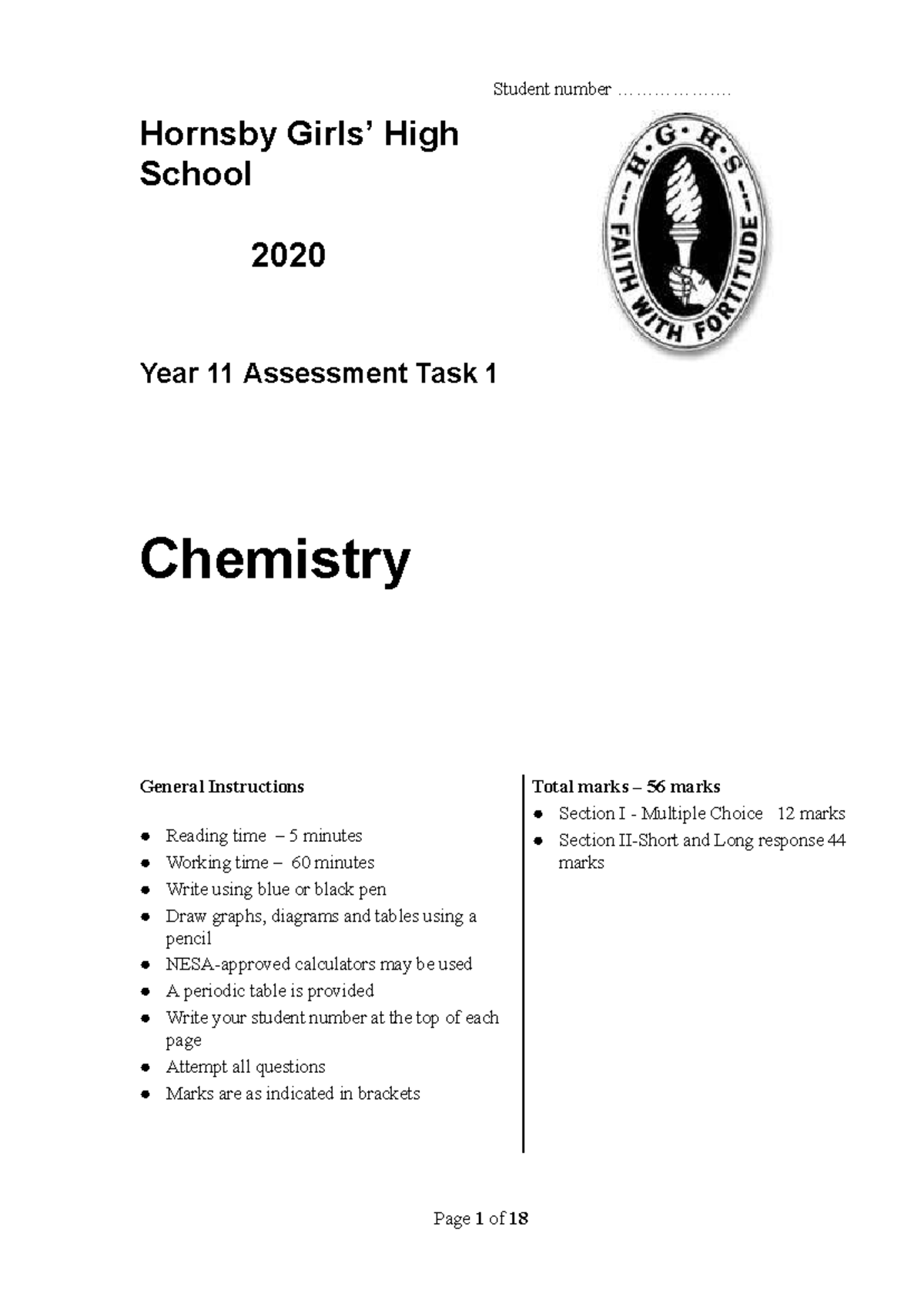 HGHS Year 11 Chemistry 2020 Assessment Task Paper 1 - Studocu