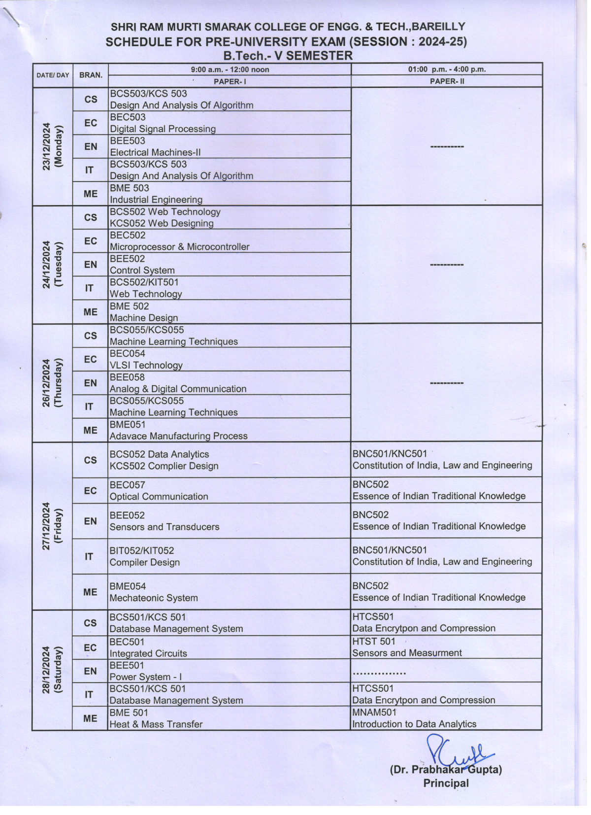 Schedule for Pre-University exam - SHRI RAM MURTI SMARAK COLLEGE OF ...