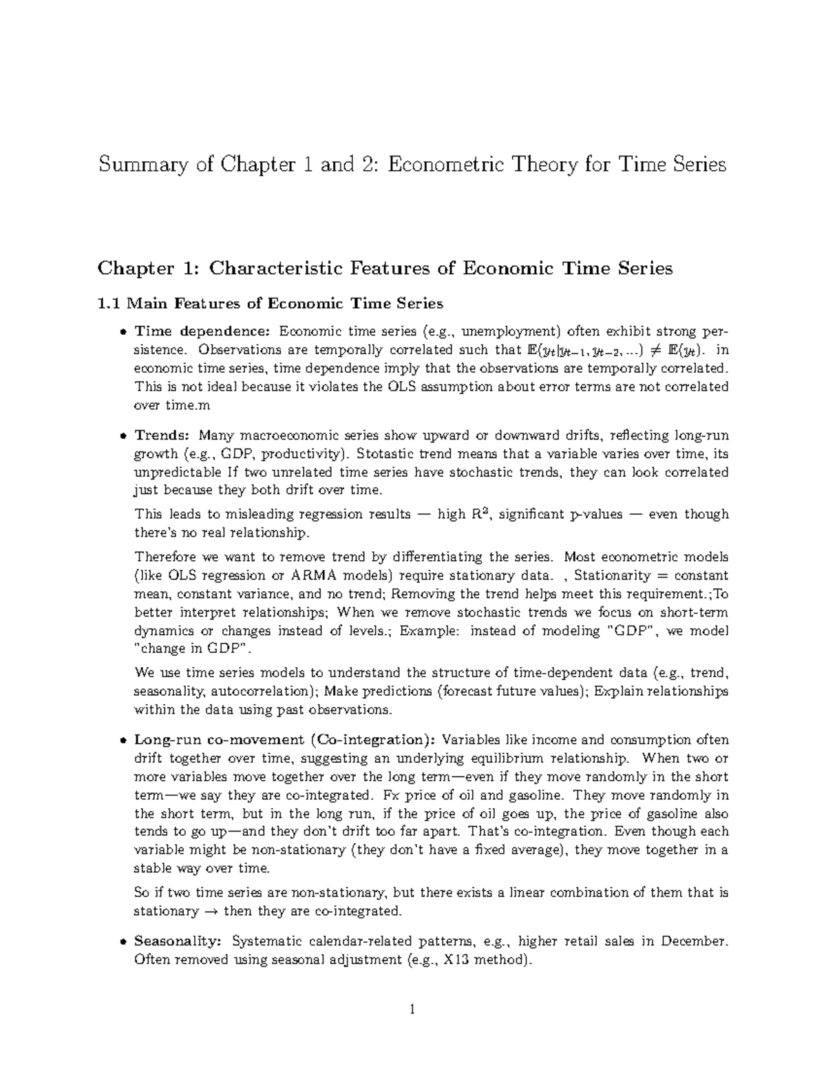 Summary of Chapters 1 & 2: Econometric Theory for Time Series (ECO 101 ...