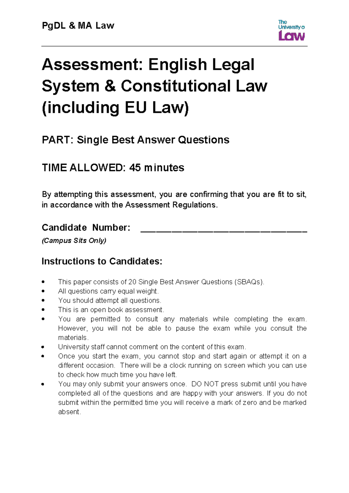 2526 PgDL MA Law ELSC CE01 Past Paper: Single Best Answer Questions ...