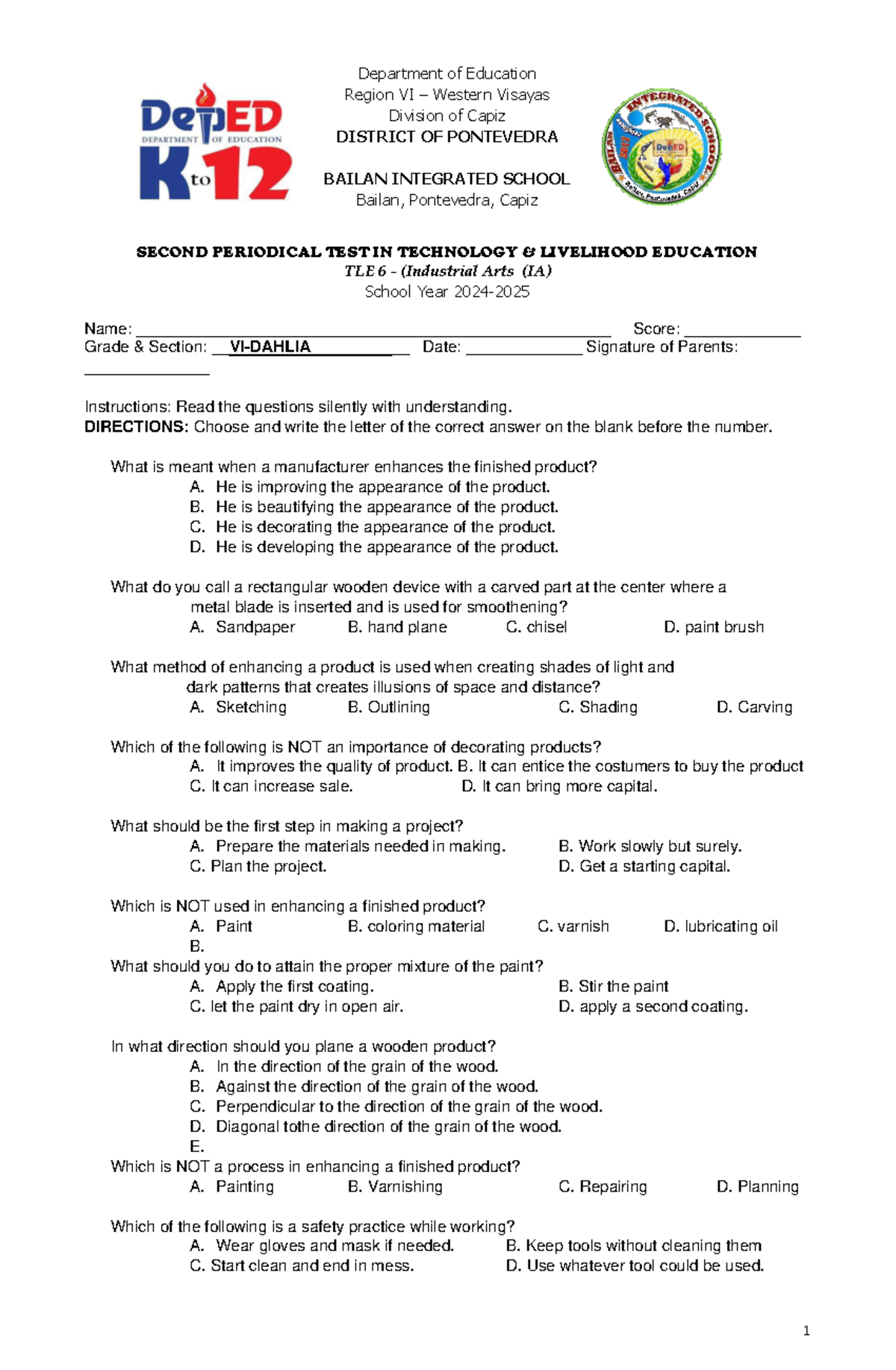 Second Periodical Test in TLE-6 (K-12 Industrial ARTS) SY 2024-2025 ...