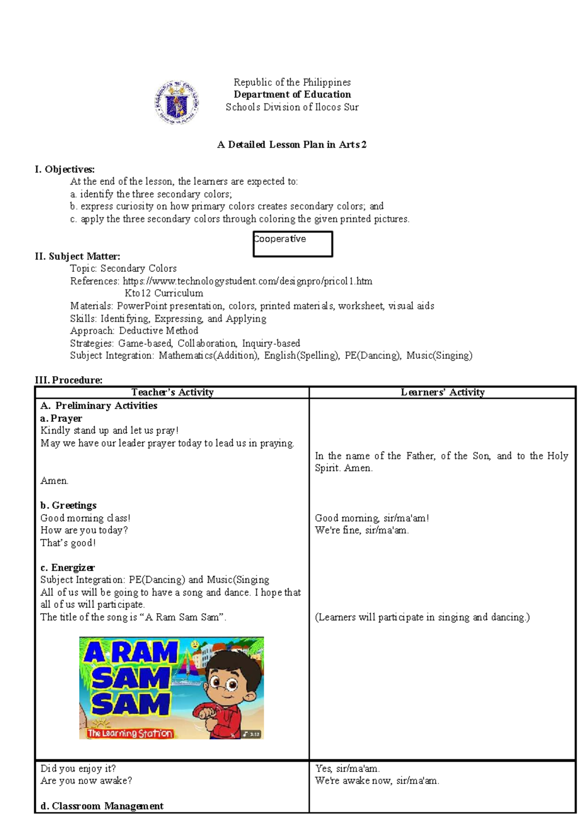 Detailed Lesson Plan in Arts 2: Exploring Secondary Colors - Studocu