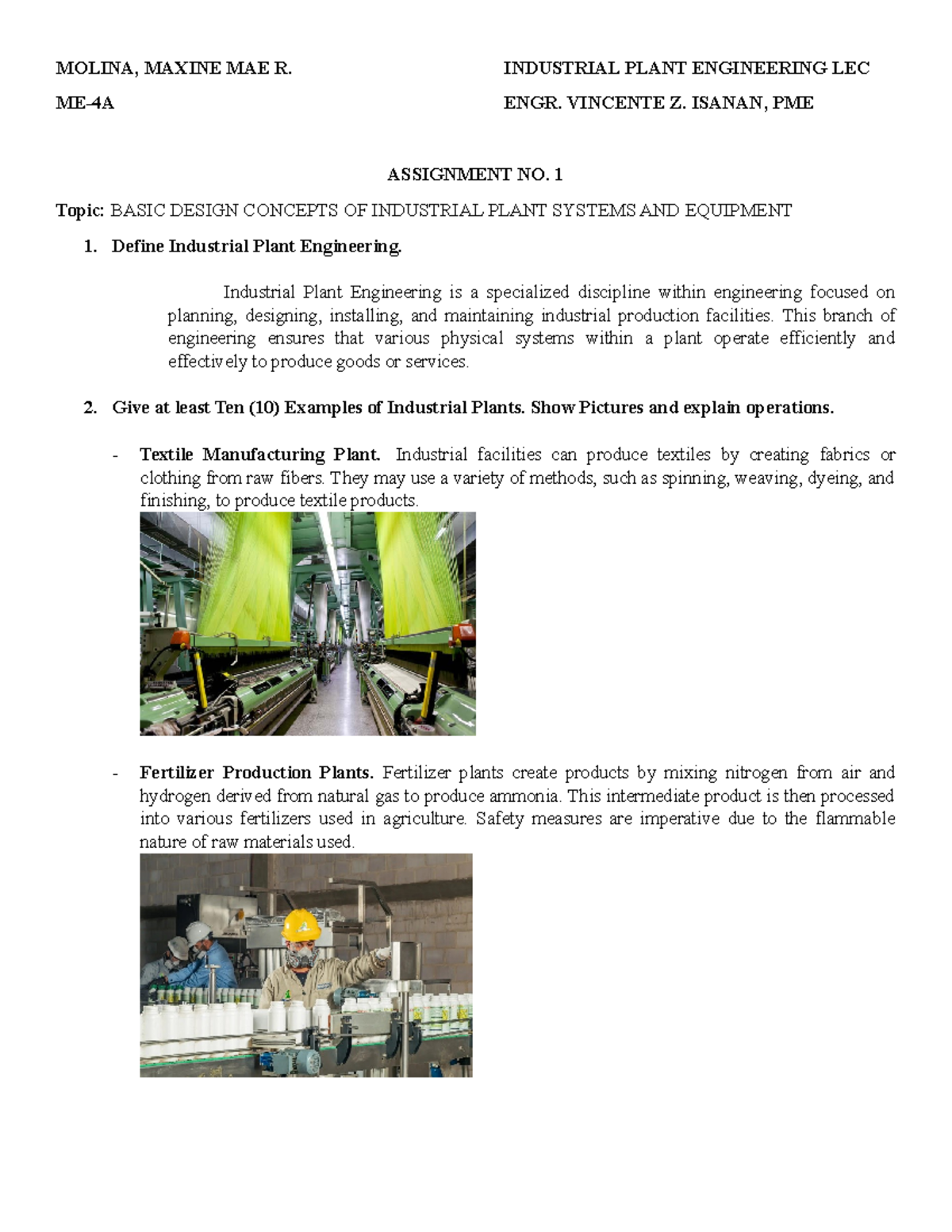 IPE - Industrial Plant - MOLINA, MAXINE MAE R. INDUSTRIAL PLANT ...
