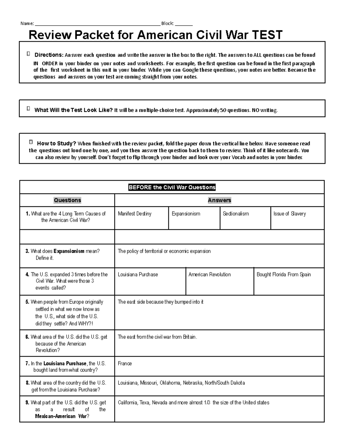 American Civil War Review Packet - Test Prep 2024 - Studocu