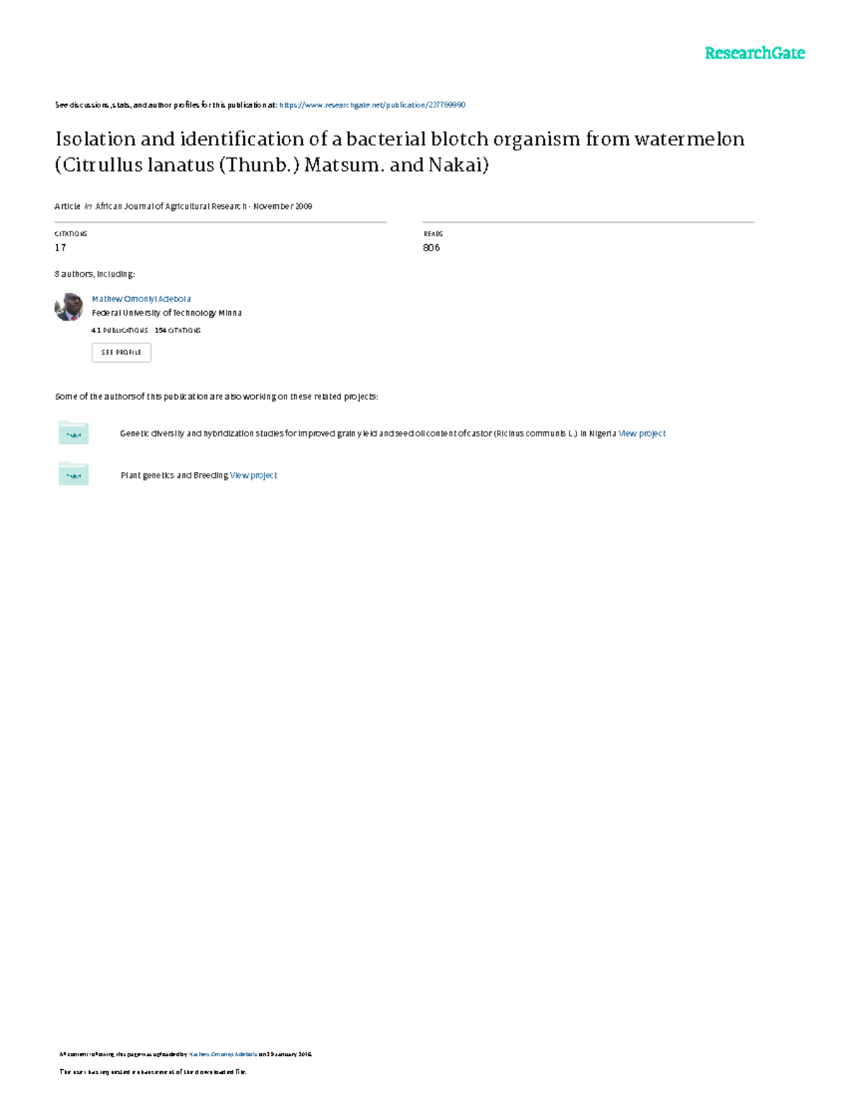 Isolation and Identification of Bacterial Blotch in Watermelon (CIT 301 ...
