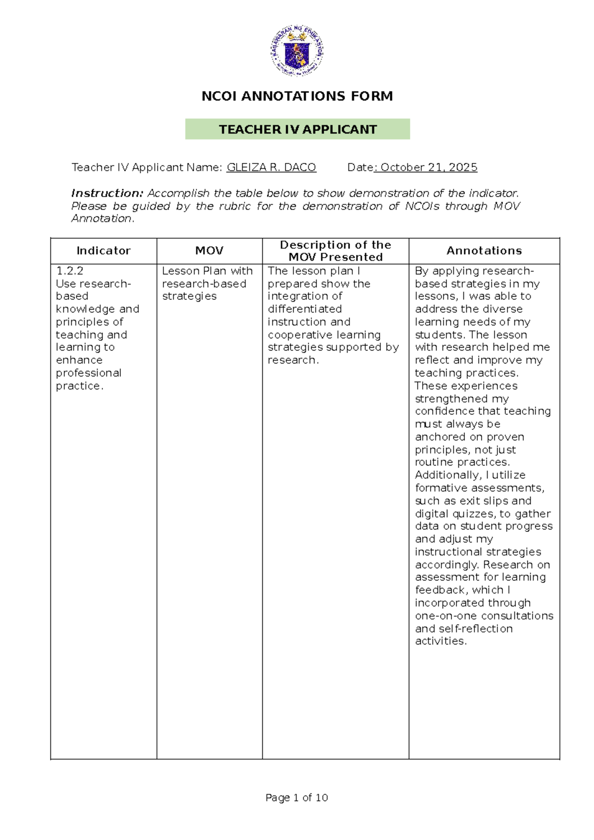 NCOI Annotations for Teacher IV Applicant - GLEIZA R. DACO - Studocu