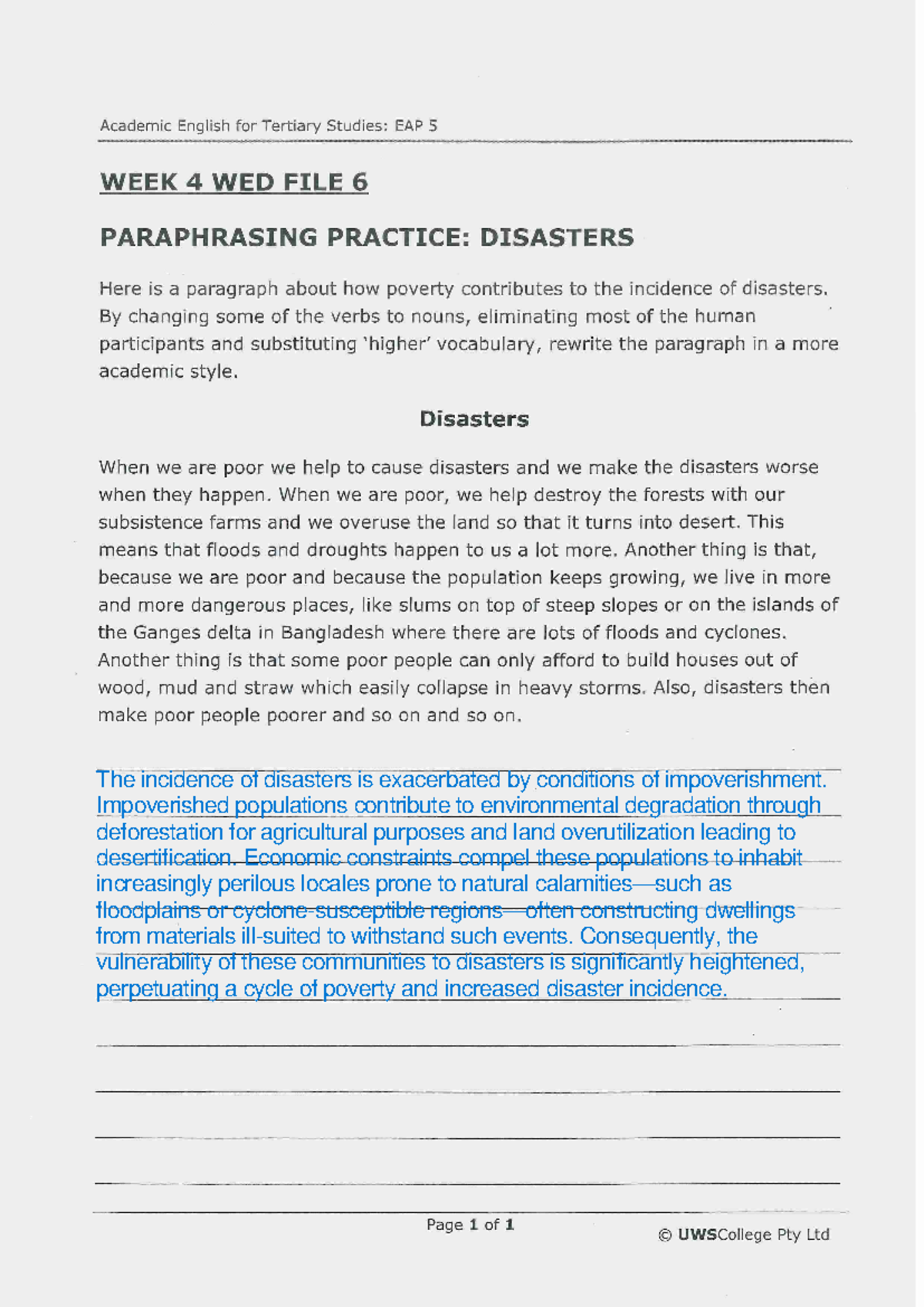EAP5 Week 4 Wed F6 - Paraphrasing practice Disasters - NO Answers ...