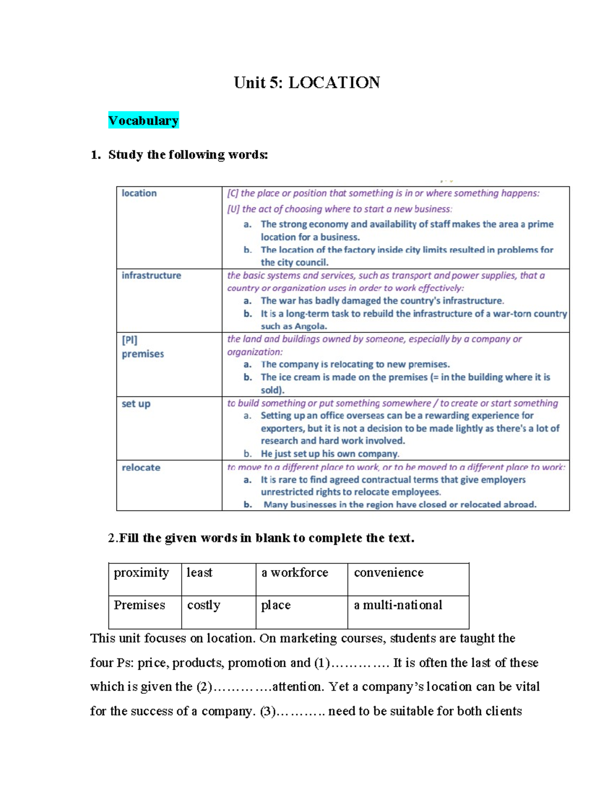 Unit 5- Location - Vocabulary - Unit 5: LOCATION Vocabulary Study the ...