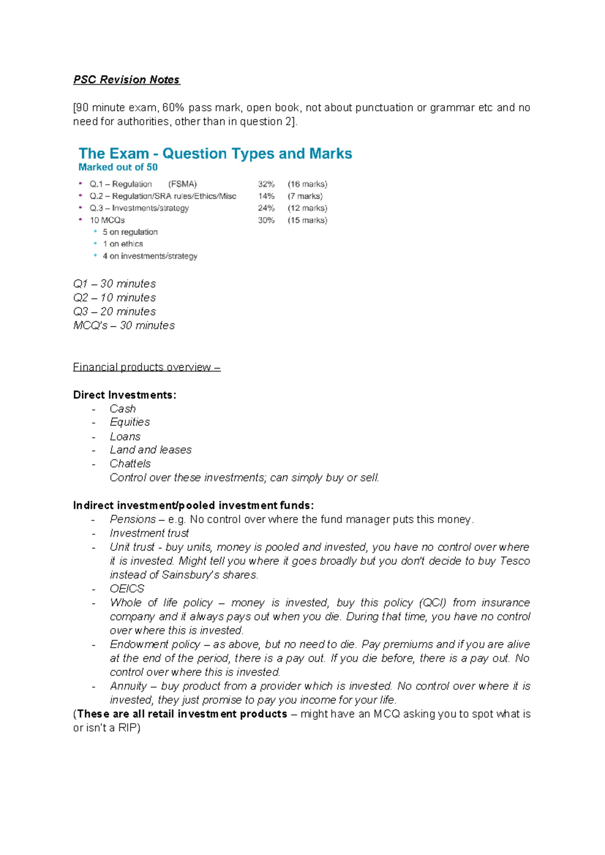 PSC Financial Products Revision Notes for Exam Preparation - Studocu