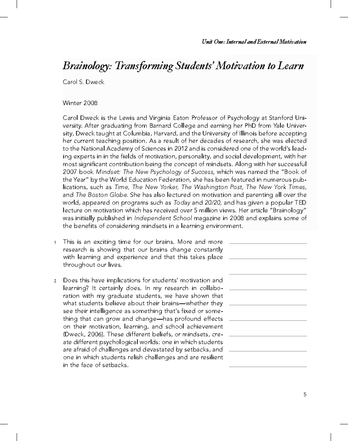 Brainology: Enhancing Student Motivation & Growth Mindset (Unit 1 ...