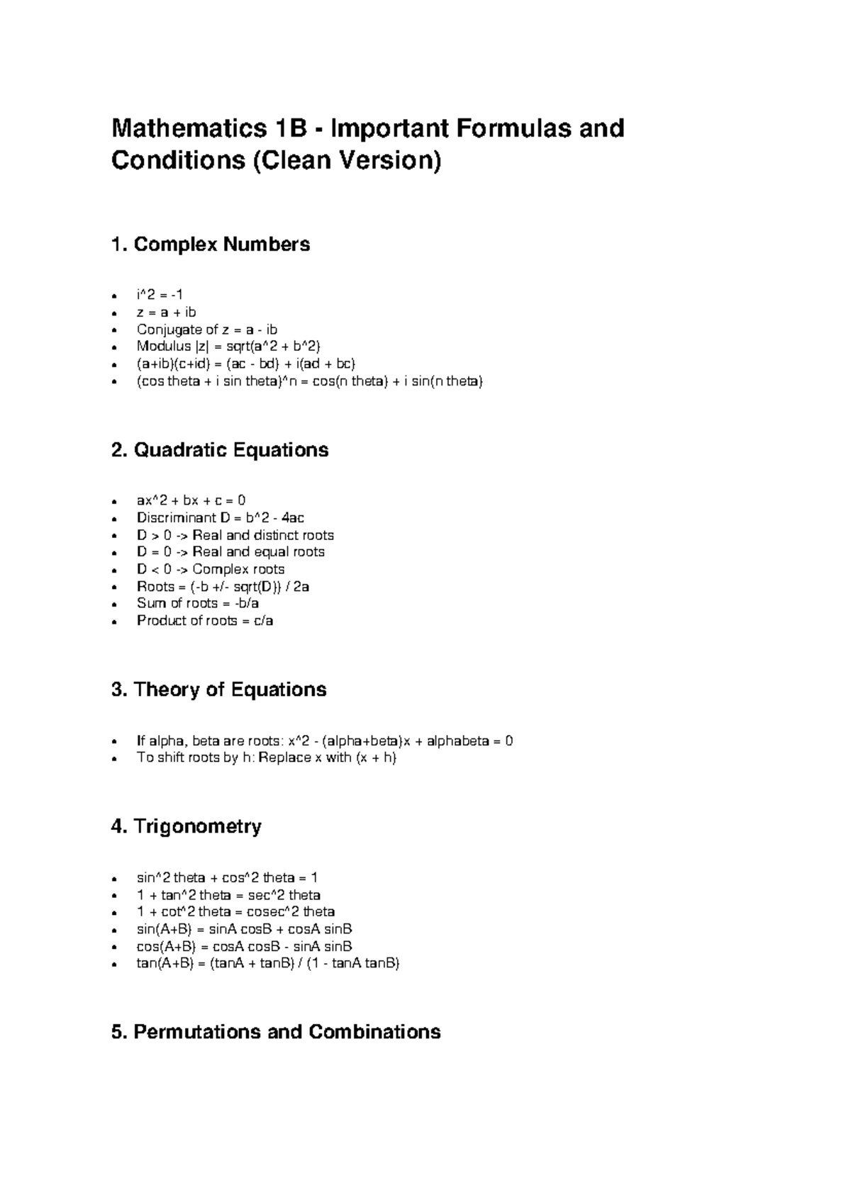 Maths 1B Important Formulas and Conditions (Clean Version) - Studocu