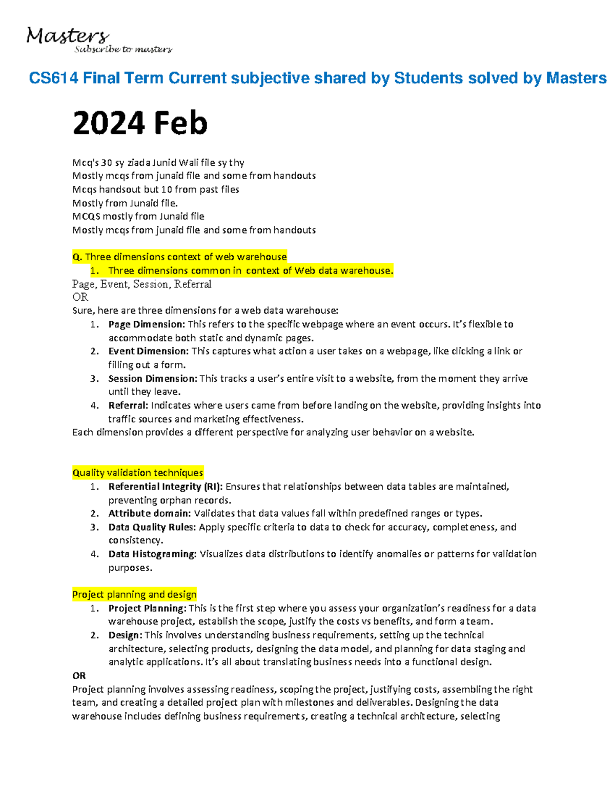 CS614 Final Term MCQs and Key Concepts from Junaid File - Studocu