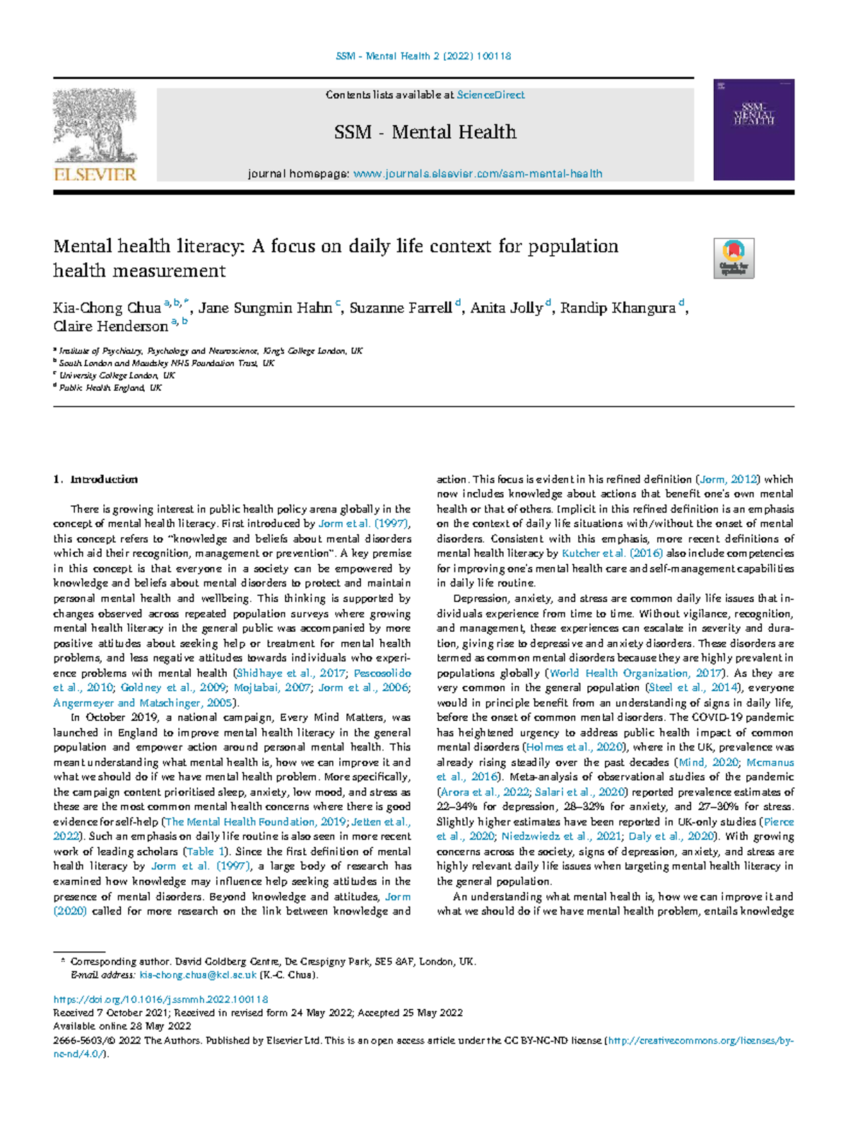 Mental Health Literacy in Daily Life Context: SSM Mental Health 2 (2022 ...