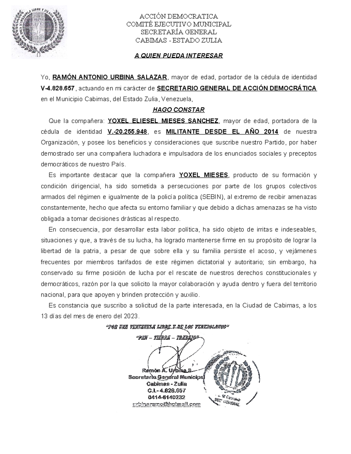Carta DE Accion Democratica - ACCIÓN DEMOCRATICA COMITÉ EJECUTIVO ...