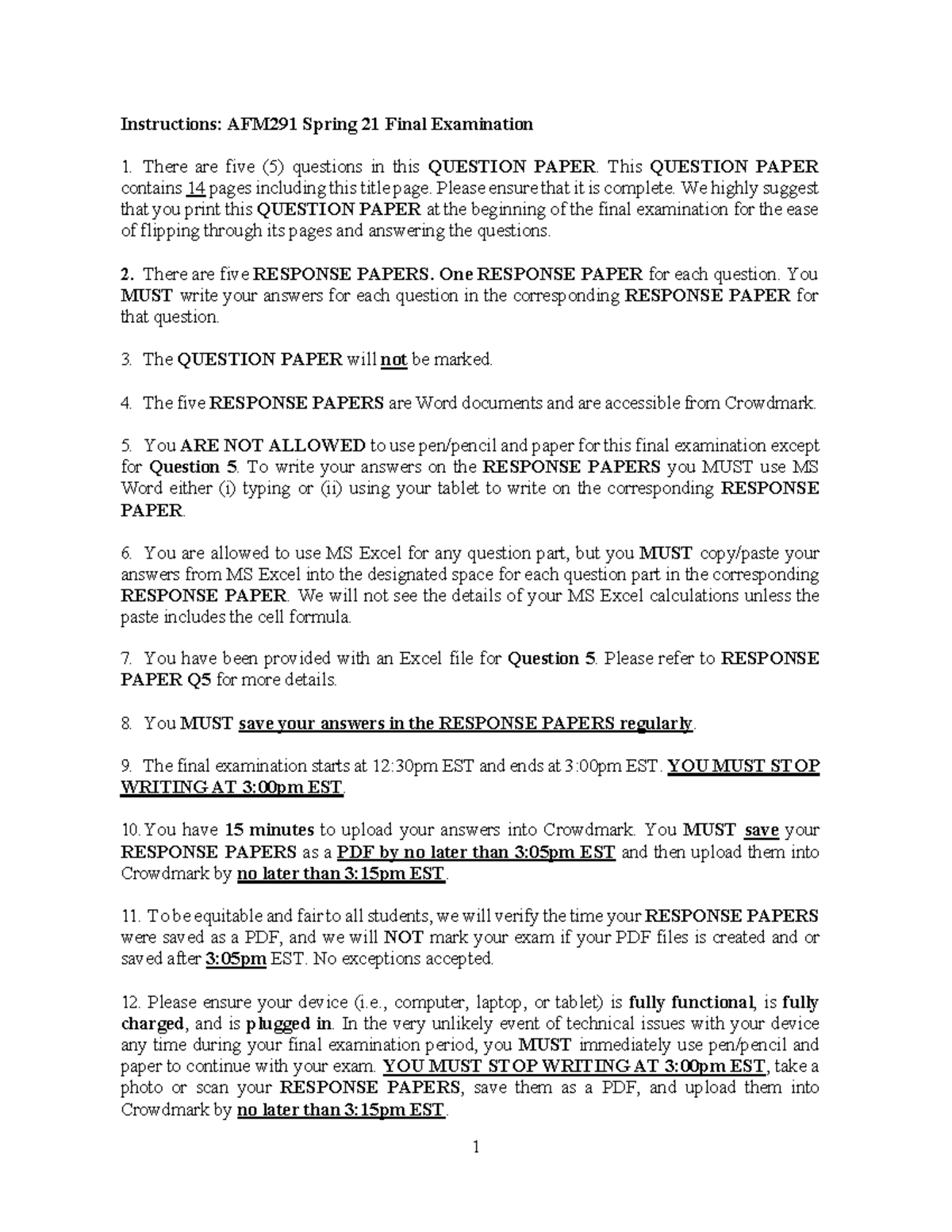 AFM 291 Spring 2021 Final Exam - Complete Question Paper with ...