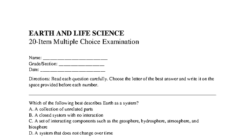 EARTH AND LIFE SCIENCE - 20-Item MCQ Exam Review - Studocu