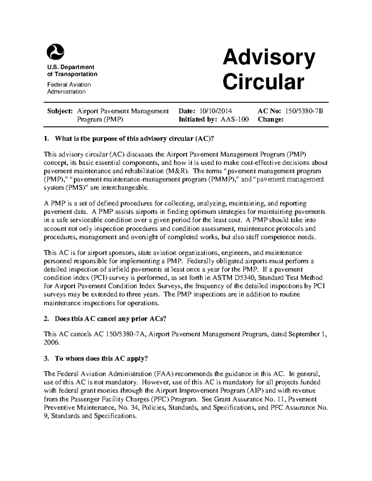 Airport Pavement Management Program (PMP) Advisory Circular AC 150-5380 ...