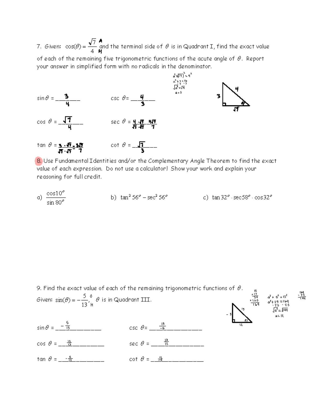 Trigonometric Functions Analysis and Calculation Techniques - Math 101 - Studocu