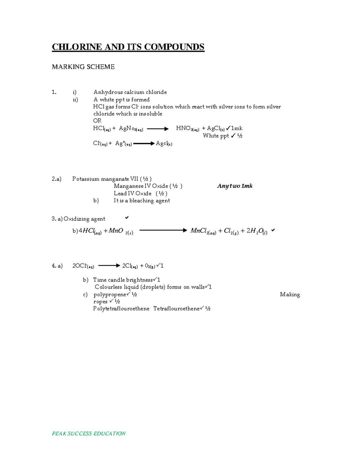 Chlorine and Its Compounds - Marking Scheme Breakdown - Studocu