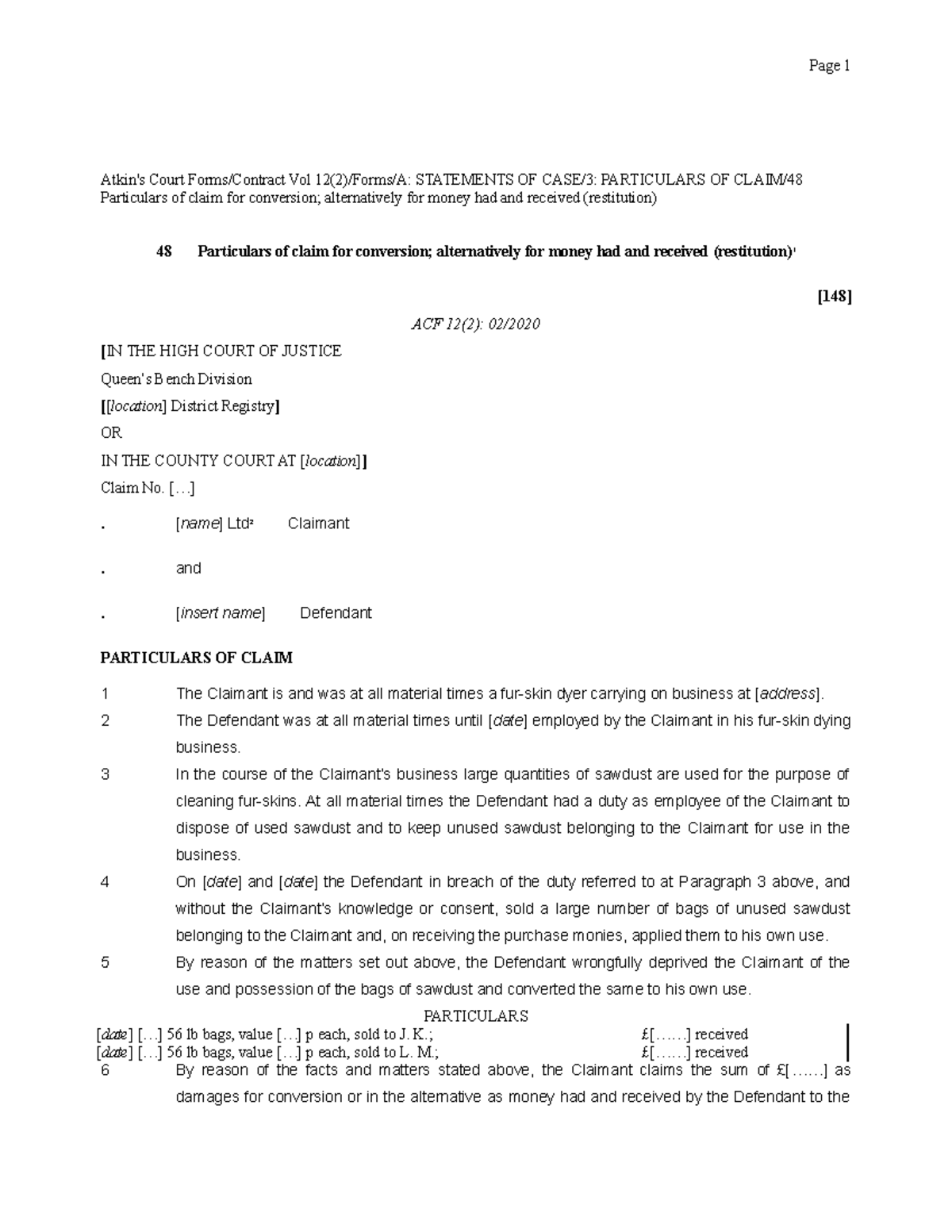 ACF 12(2): Particulars of Claim for Conversion and Restitution - Studocu