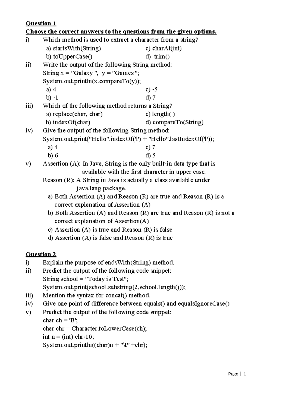 String Handling Quiz - Question Paper for CS101 - Studocu