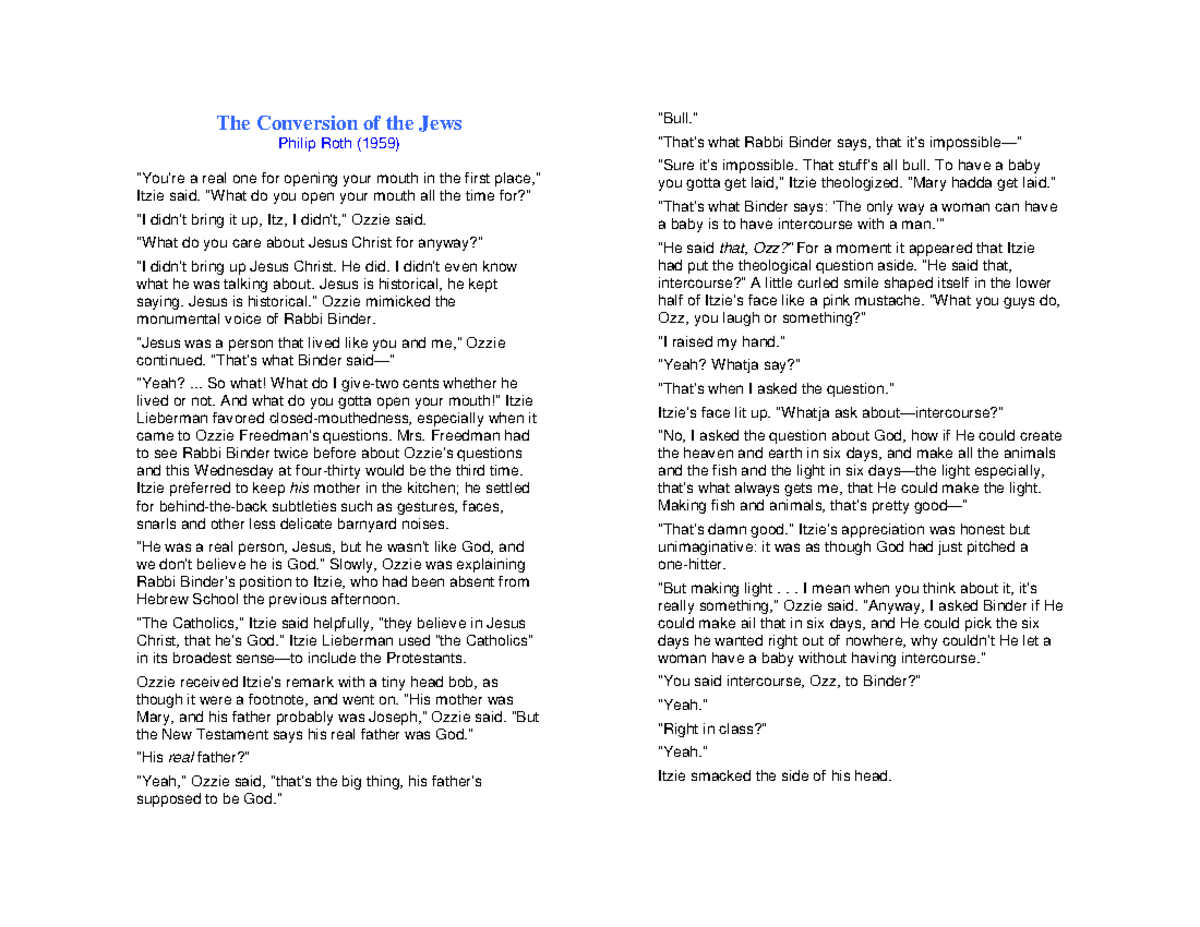 The Conversion of the Jews: Analyzing Faith & Identity in Roth's Work ...