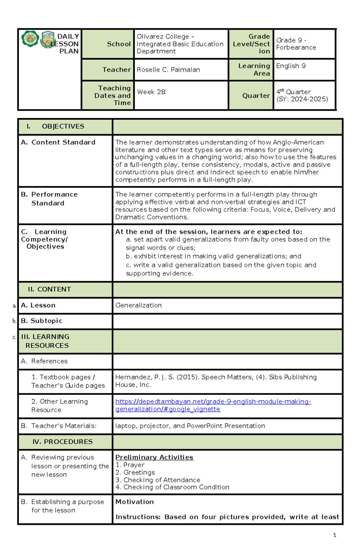 DAILY LESSON PLAN: Generalizations in English 9 (Grade 9, 4th Quarter ...