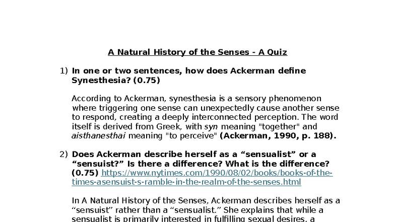 A Natural History of the Senses - Quiz on Synesthesia and Sensory ...