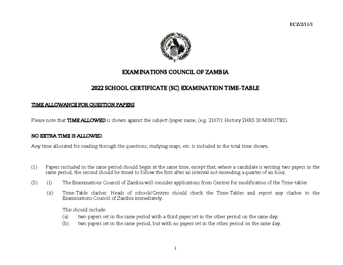 2022 School Certificate Time Table Final - ECZ/2/11/ EXAMINATIONS ...