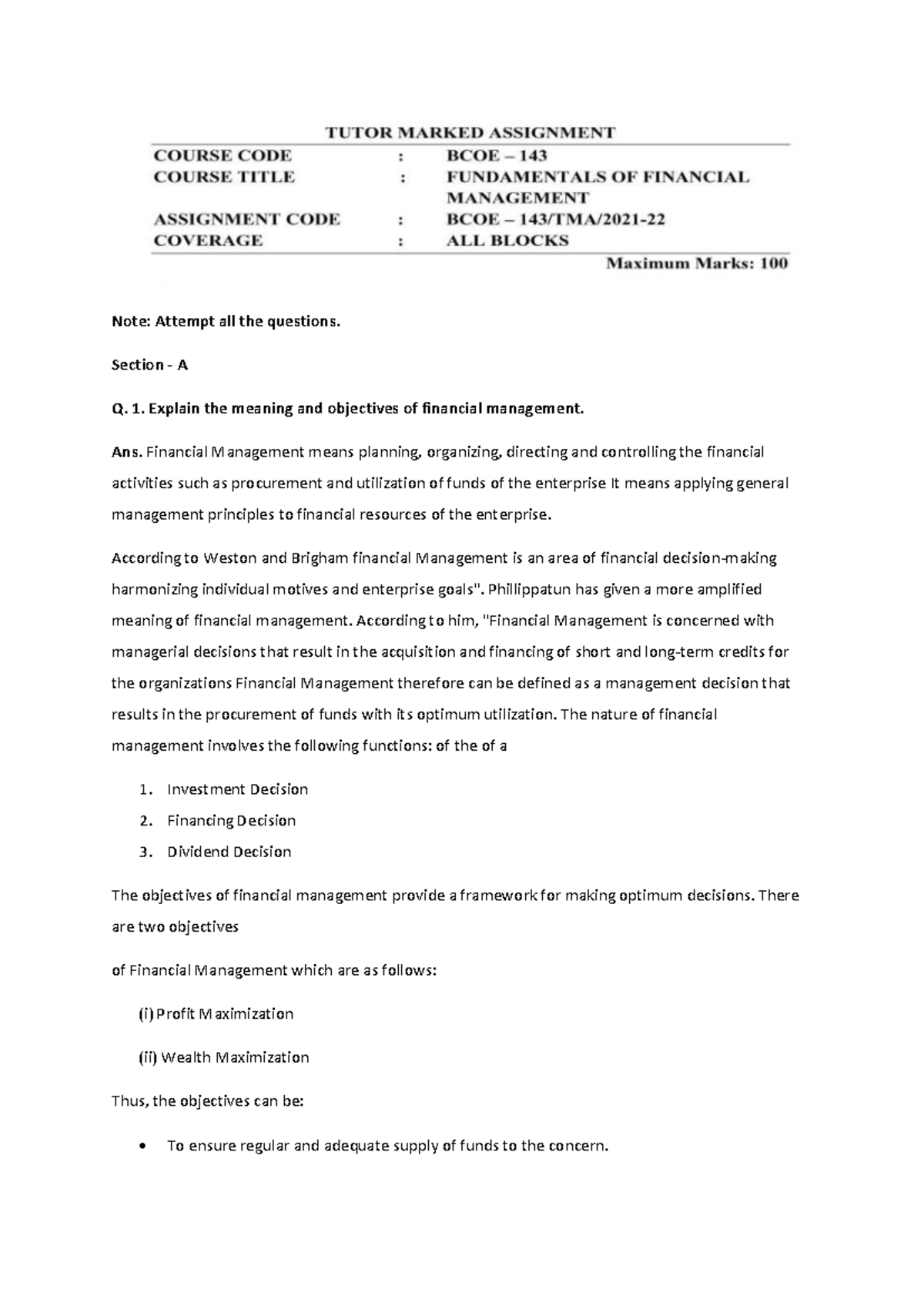 BCOE-143 Financial Management Solved Assignment with Analysis - Studocu