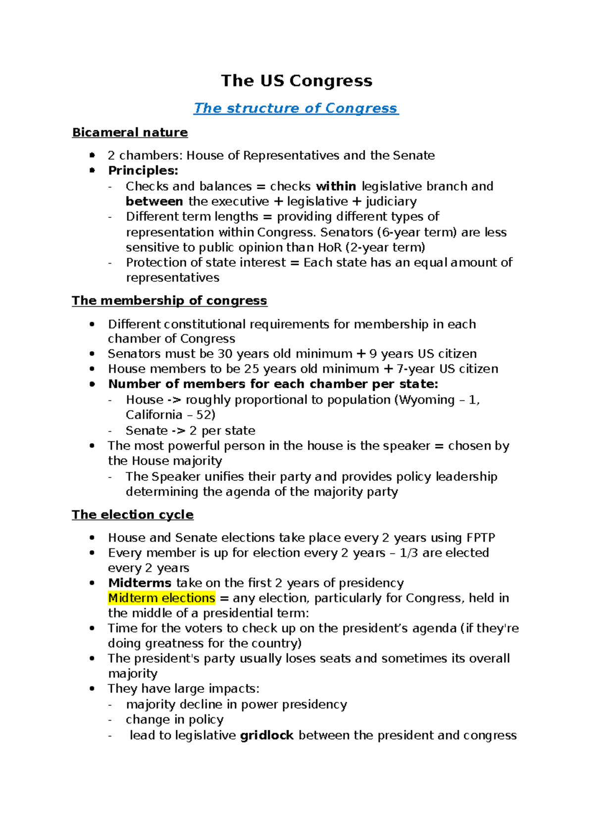 US Congress Structure & Functions: Detailed Study Notes - Studocu