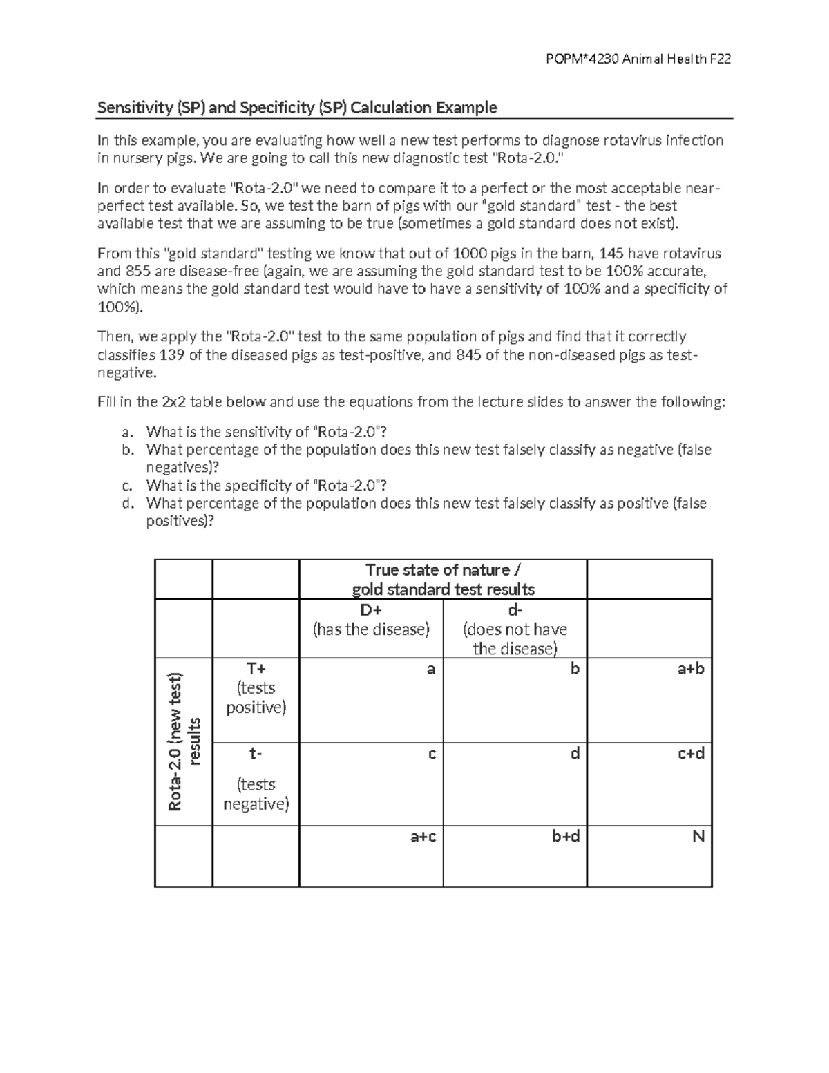 Sensitivity and specificity calculation example question - POPM*4230 ...