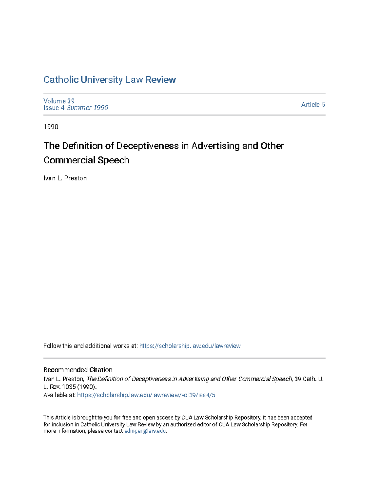 CUA Law Review: Defining Deceptiveness in Advertising & Commercial ...