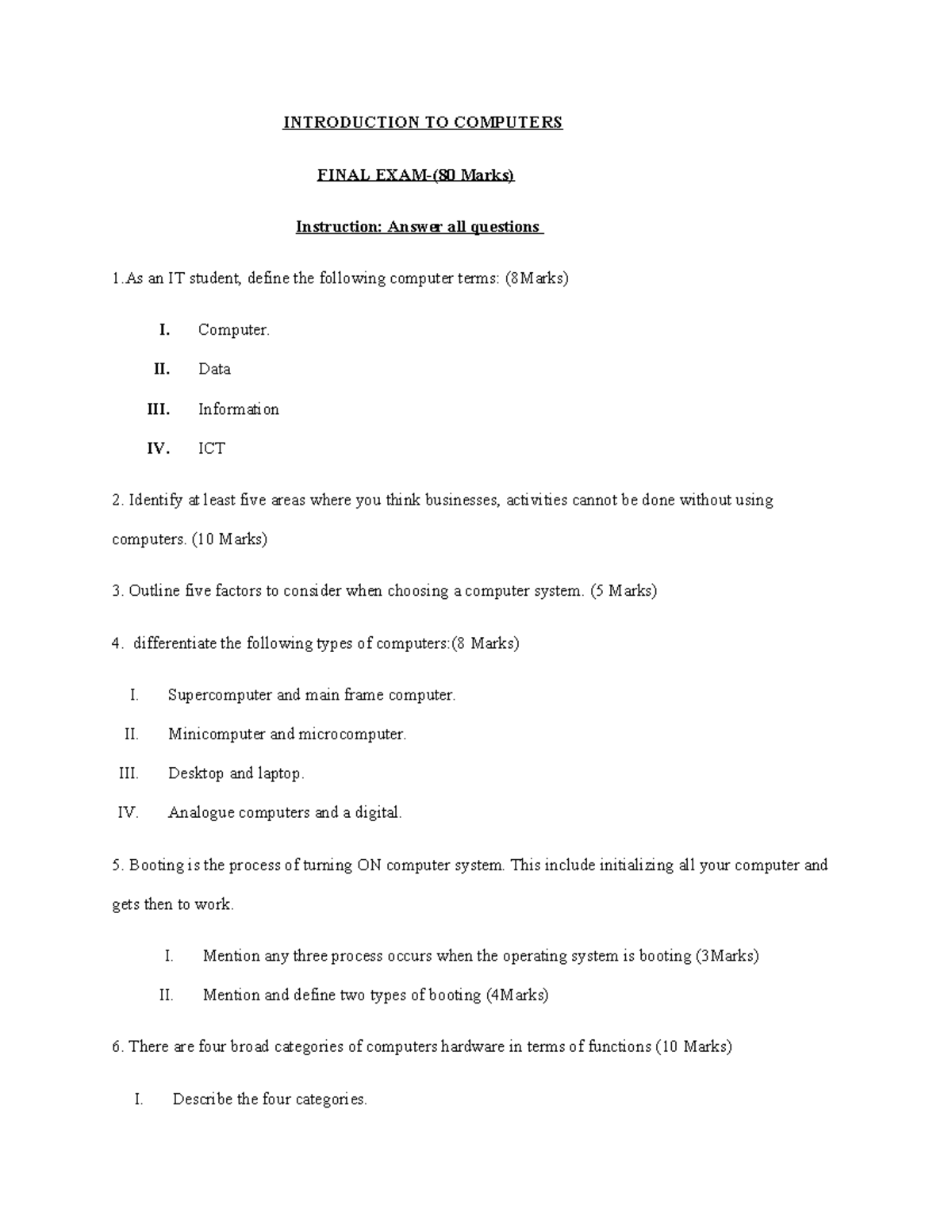 Final Exam: Introduction to Computers (IT101) - 80 Marks Overview - Studocu