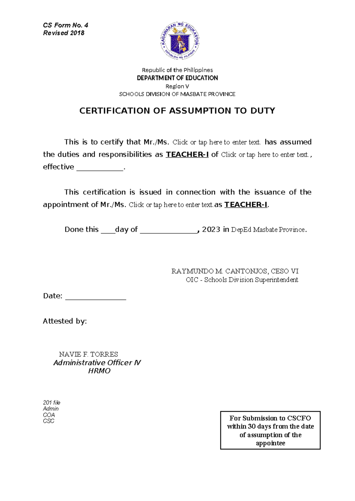 CS Form No. 4 - Certification of Assumption to Duty for Teacher-I - Studocu