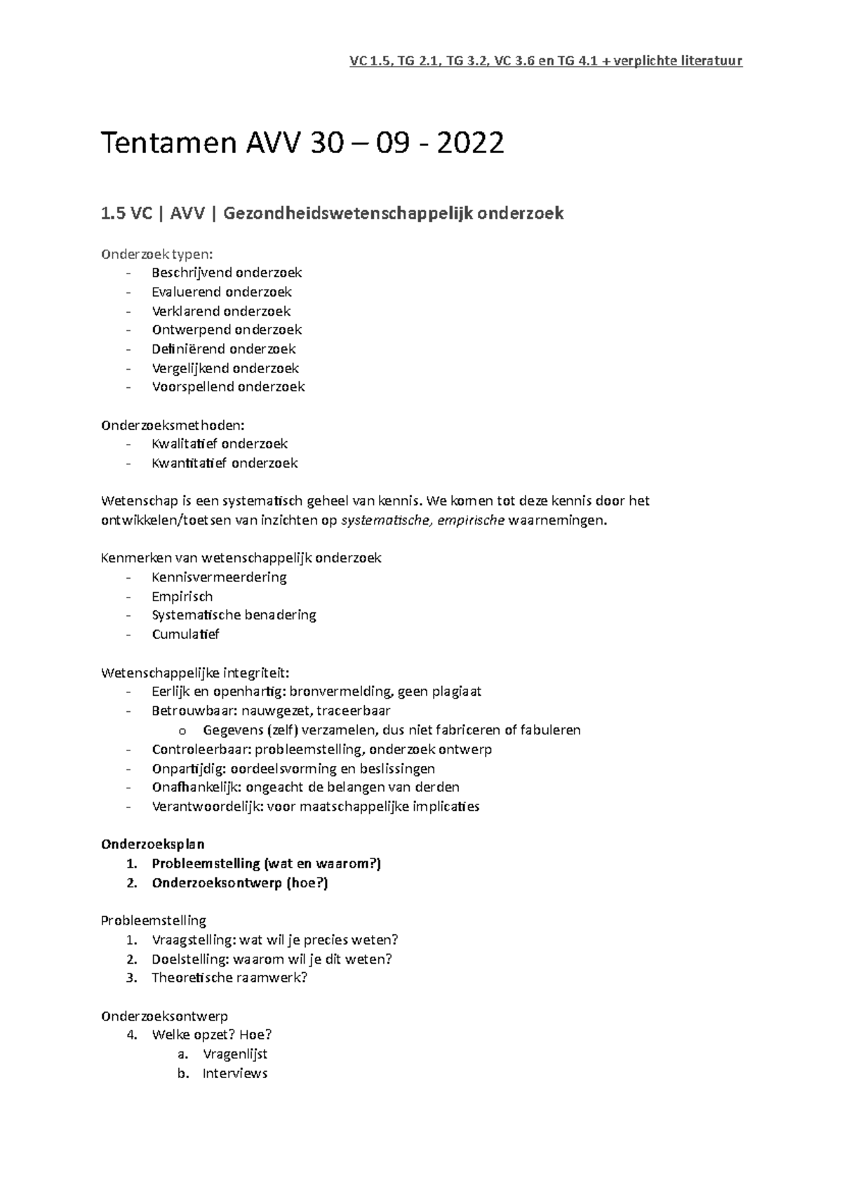 AVV Tentamen - Onderzoeksplannen & Methodologie (30 sep 2022) - Studeersnel