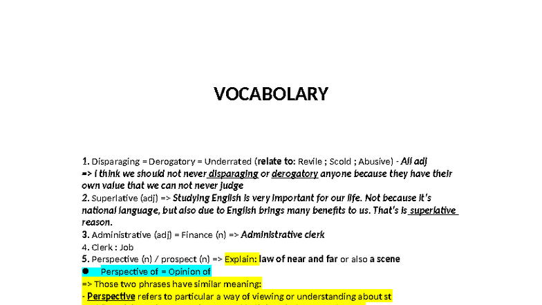 Vocabulary Study Notes: Key Terms and Definitions - Studocu