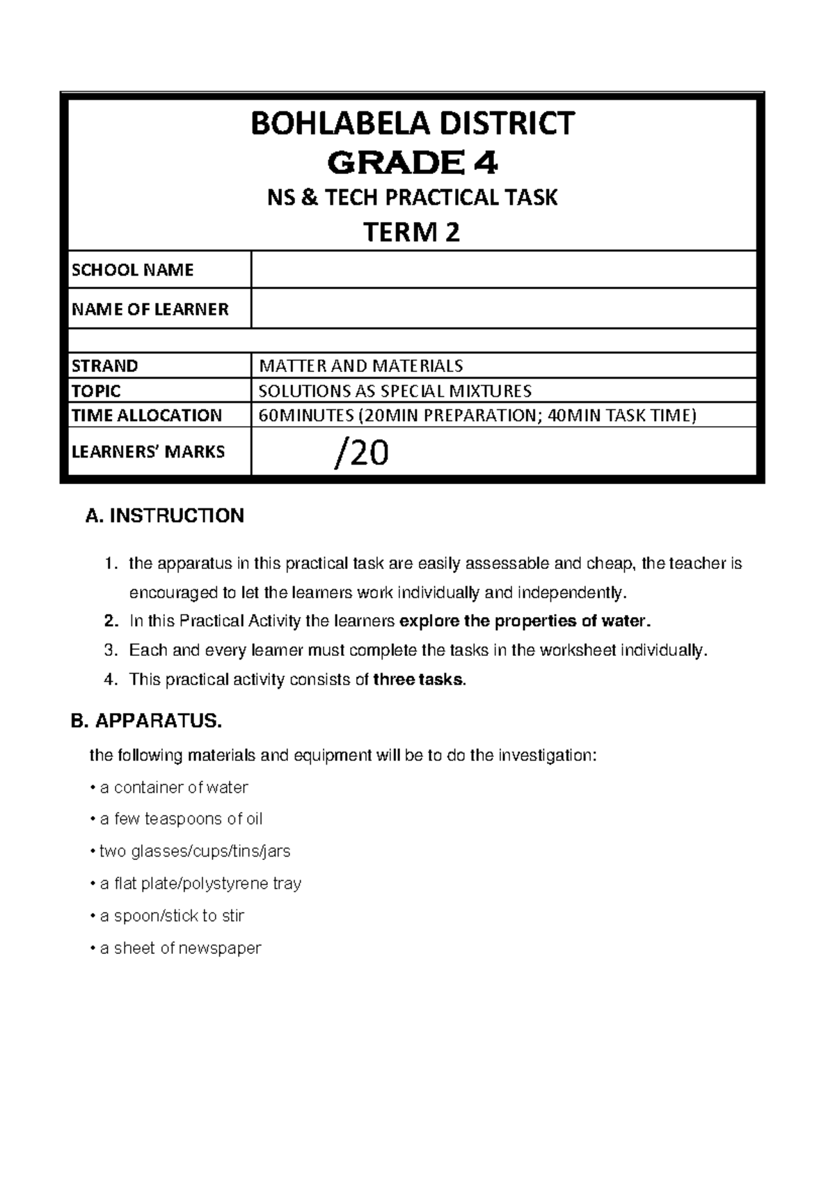 BOHLABELA DISTRICT GRADE 4 NS TECH PRACTICAL TASK TERM 2 - Studocu