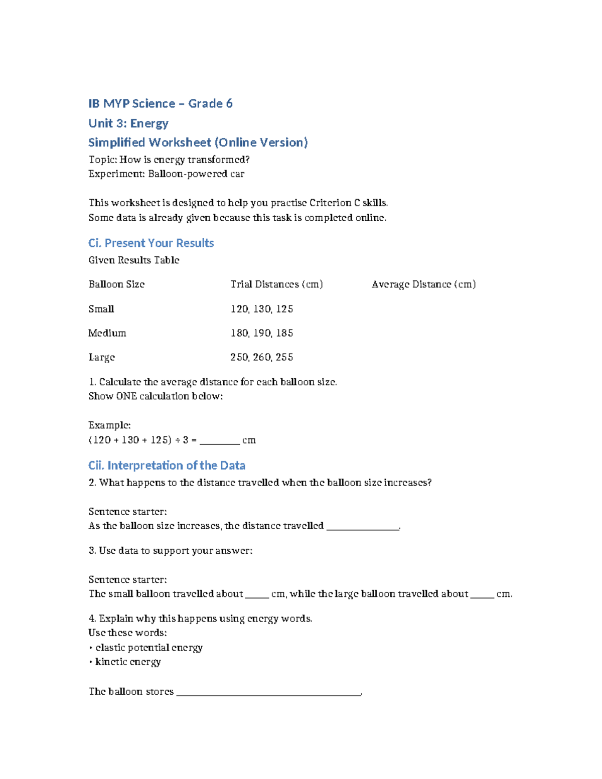 IB MYP Science Grade 6 Unit 3: Energy Worksheet & Experiment - Studocu