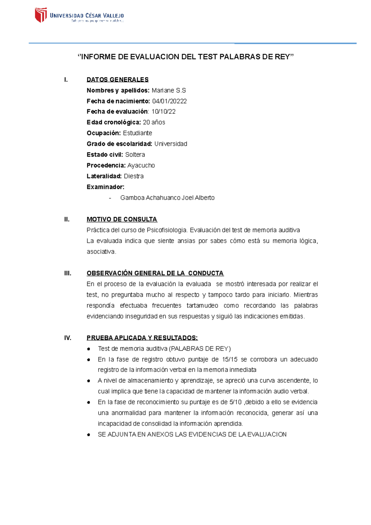 Evaluación de Memoria Auditiva: Test de Palabras de Rey - Joel Gamboa ...