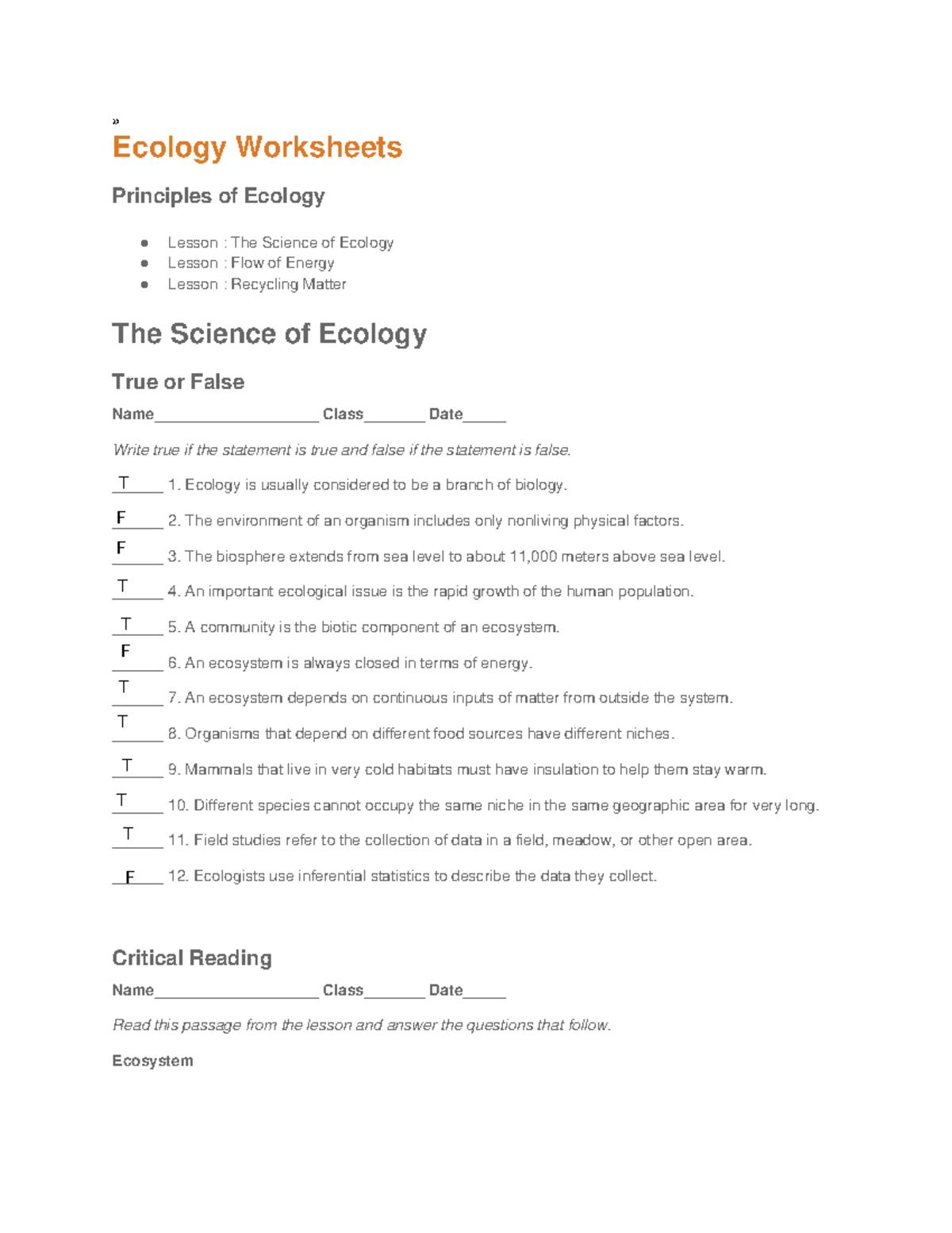 Ecology Worksheets (Course Code: BIO101) - Concepts & Practices - Studocu